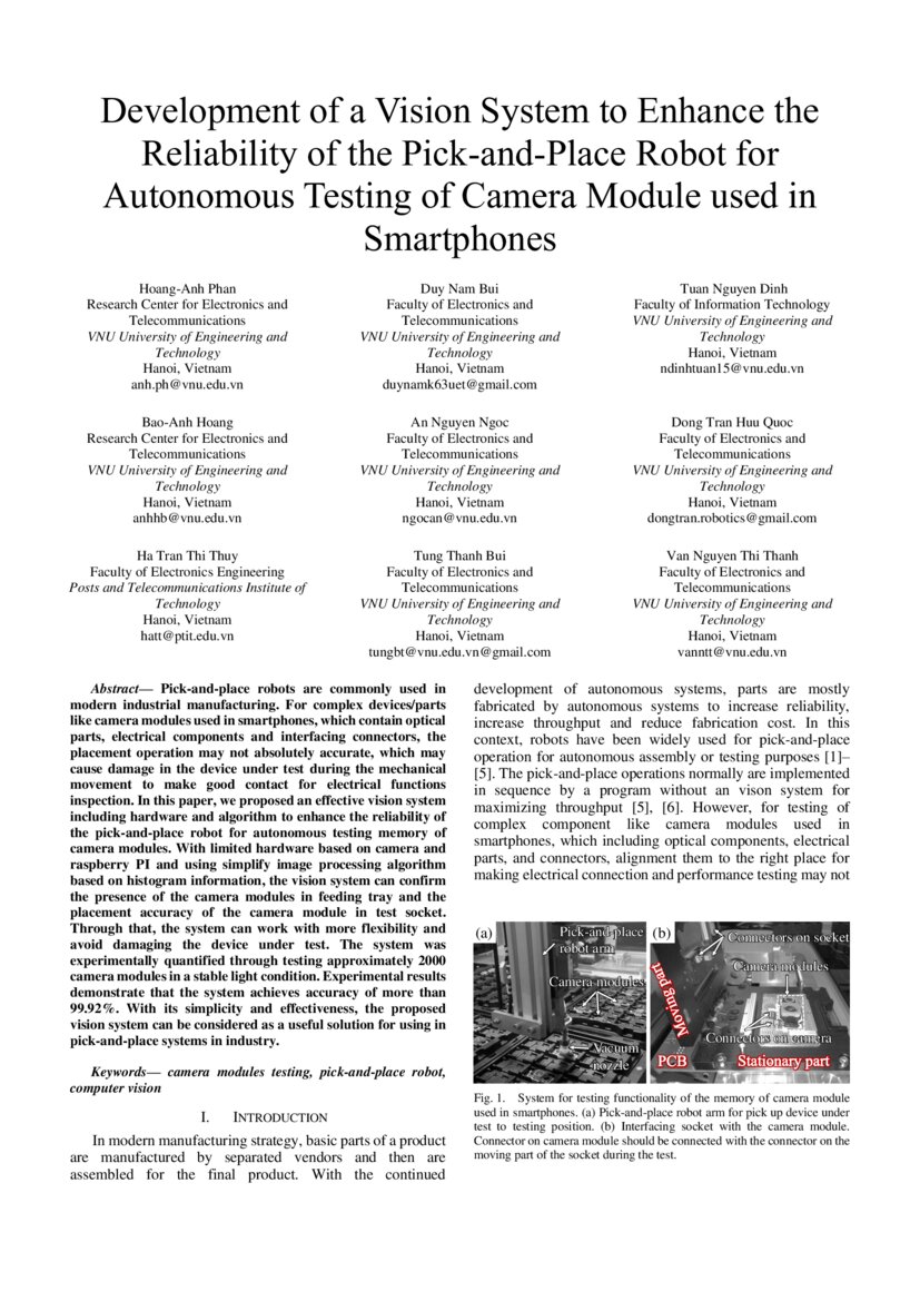 Development of a Vision System to Enhance the Reliability of the Pick-and-Place Robot for ...