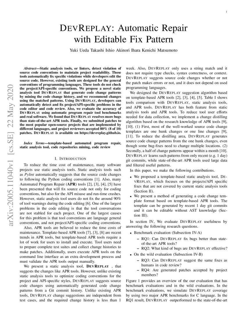 DevReplay: Automatic Repair with Editable Fix Pattern | DeepAI