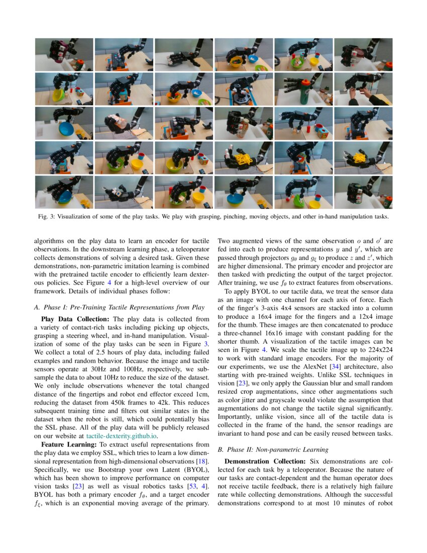 Dexterity From Touch Self Supervised Pre Training Of Tactile Representations With Robotic Play