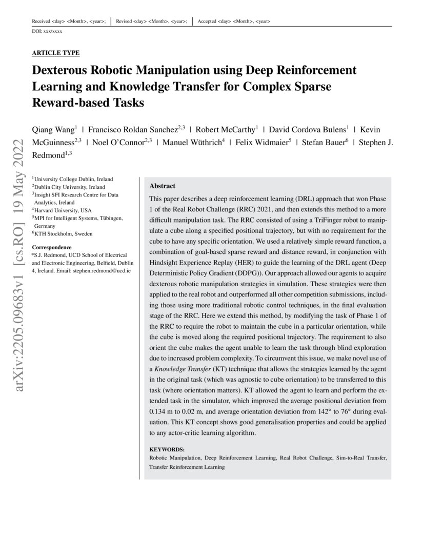 Dexterous Robotic Manipulation Using Deep Reinforcement Learning And