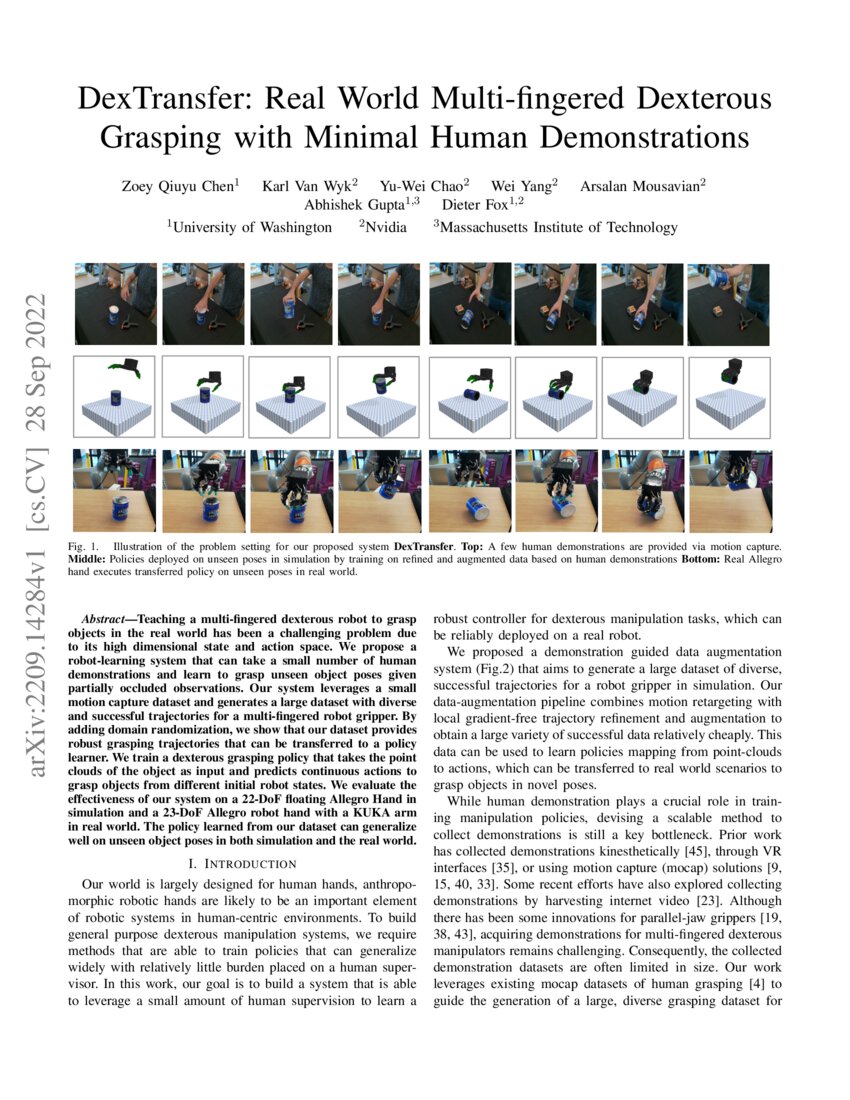 DexTransfer: Real World Multi-fingered Dexterous Grasping with Minimal Human Demonstrations | DeepAI