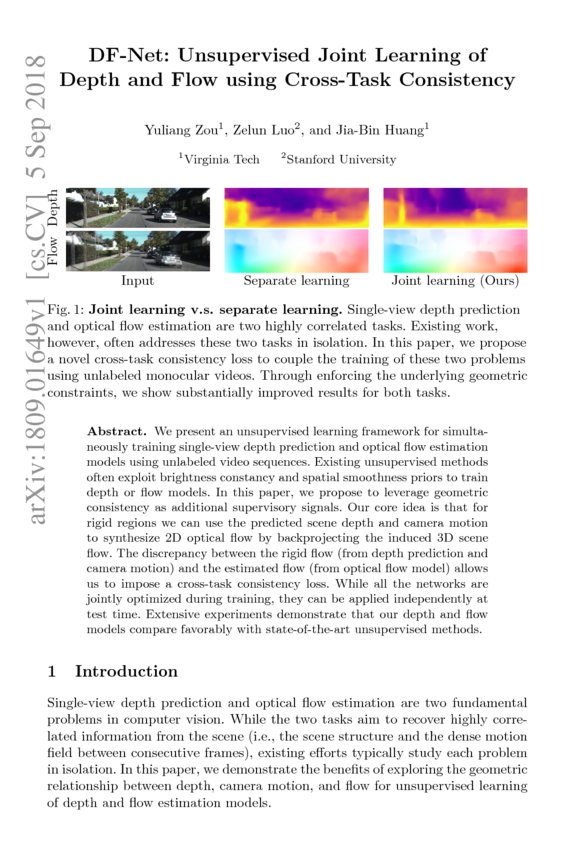 Df Net Unsupervised Joint Learning Of Depth And Flow Using Cross Task Consistency Deepai
