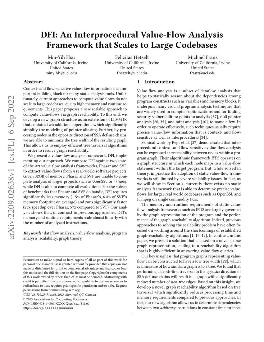 Dfi An Interprocedural Value Flow Analysis Framework That Scales To Large Codebases Deepai