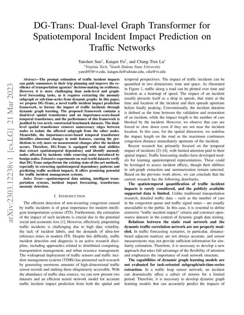 Dg Trans Dual Level Graph Transformer For Spatiotemporal Incident Impact Prediction On Traffic