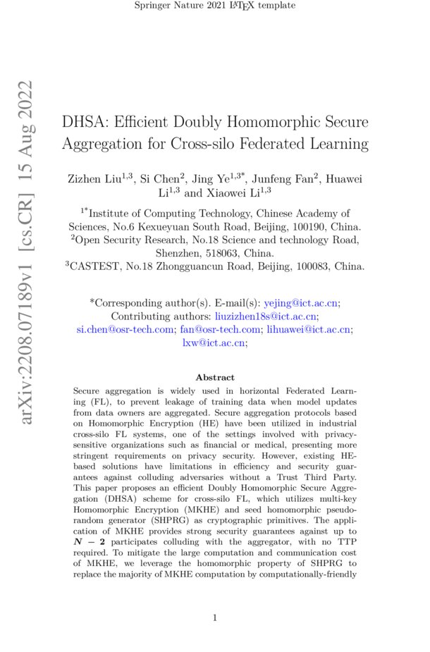 Dhsa Efficient Doubly Homomorphic Secure Aggregation For Cross Silo
