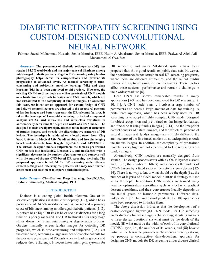 Diabetic Retinopathy Screening Using Custom-Designed Convolutional Neural Network | DeepAI