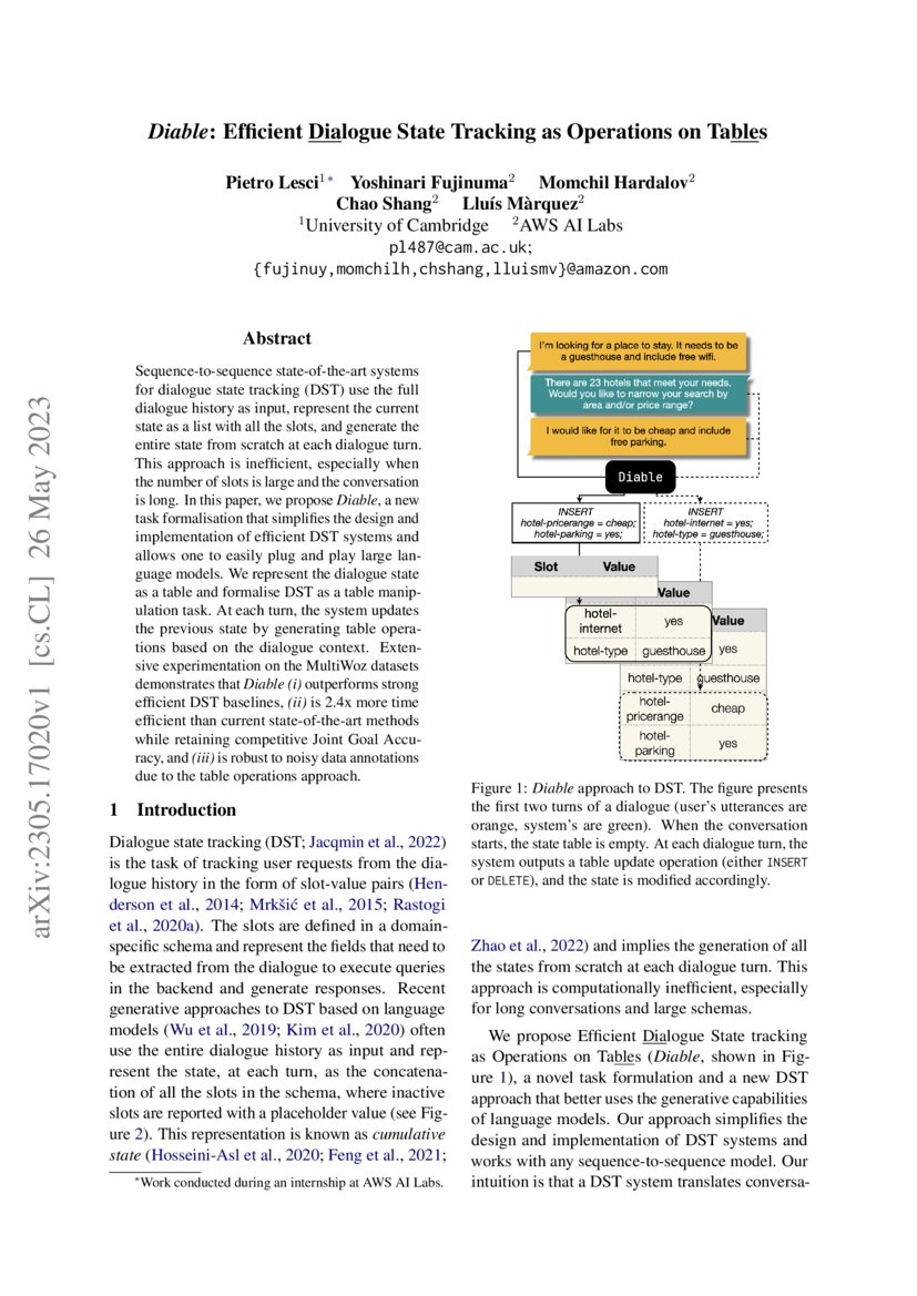 Diable: Efficient Dialogue State Tracking as Operations on Tables | DeepAI