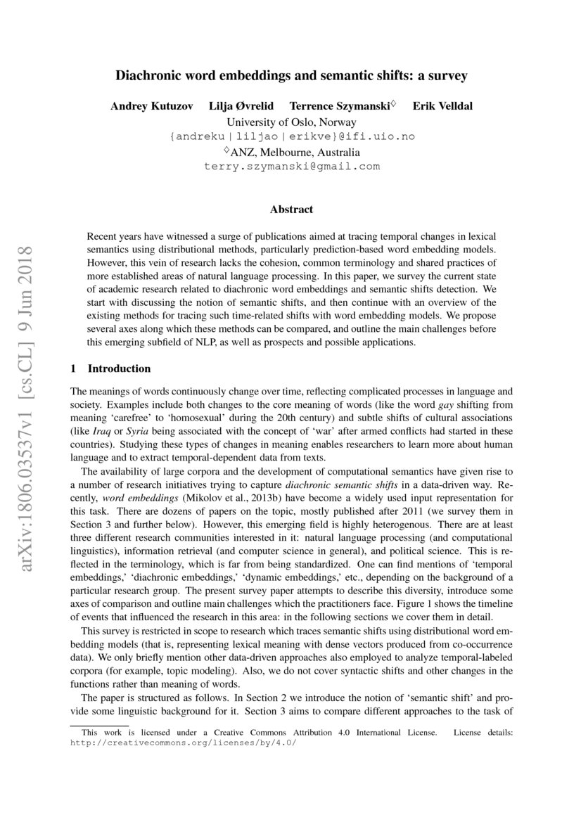 Diachronic word embeddings and semantic shifts: a survey | DeepAI