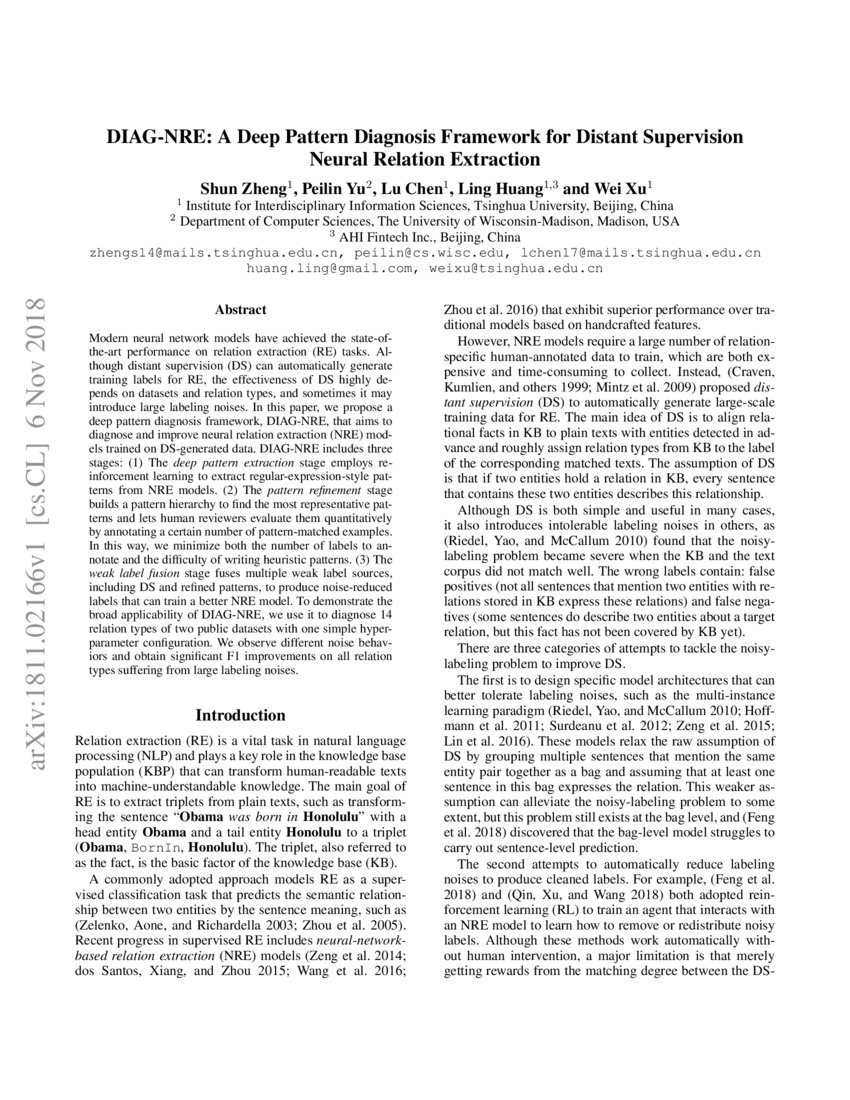 Diag Nre A Deep Pattern Diagnosis Framework For Distant Supervision Neural Relation Extraction