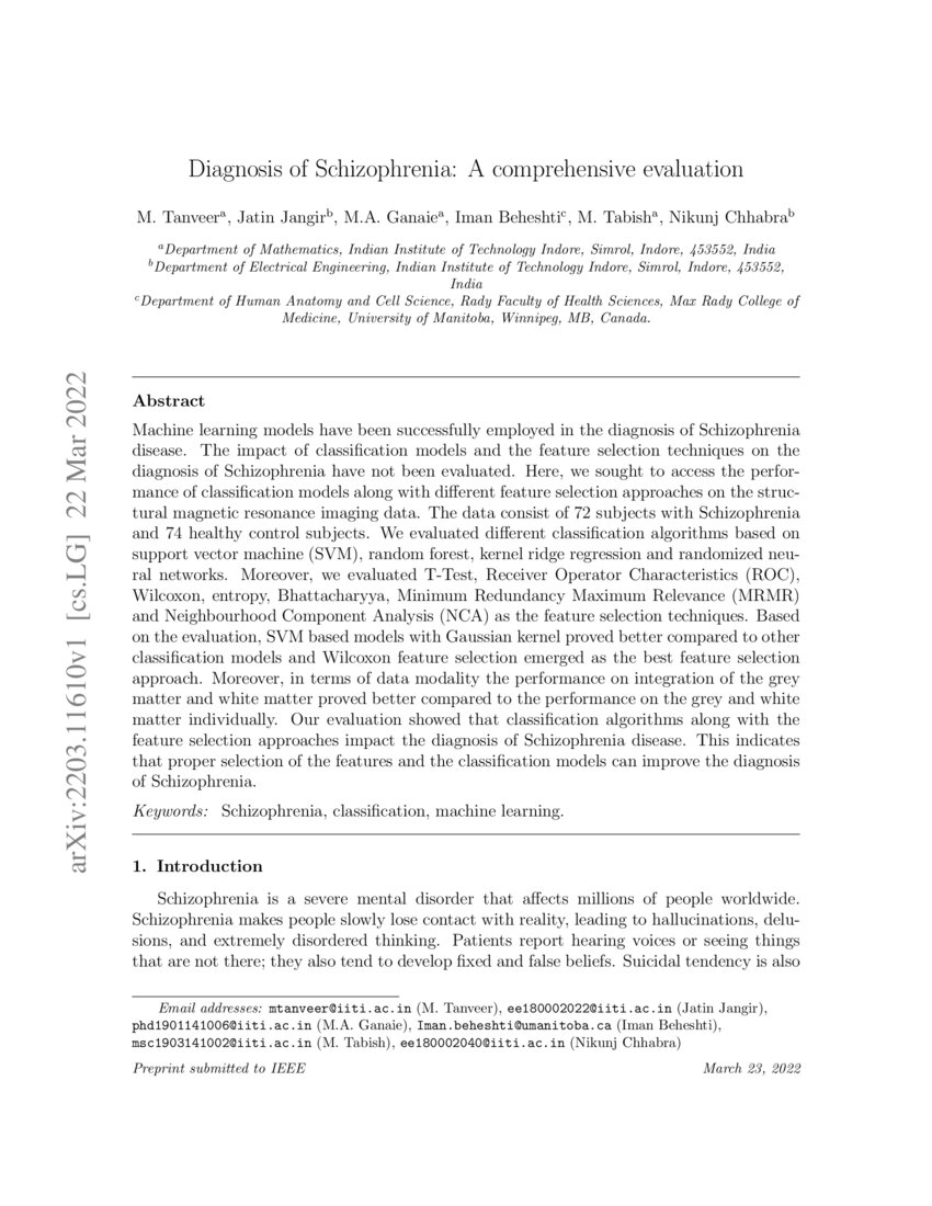 Diagnosis of Schizophrenia: A comprehensive evaluation | DeepAI