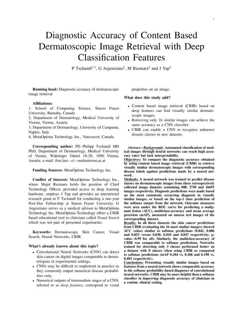 Diagnostic Accuracy of Content Based Dermatoscopic Image Retrieval with Deep Classification ...