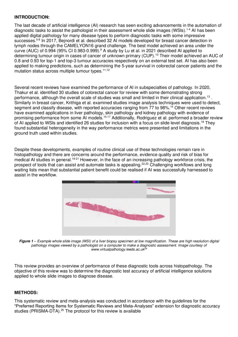 Diagnostic Test Accuracy Dta Of Artificial Intelligence In Digital Pathology A Systematic