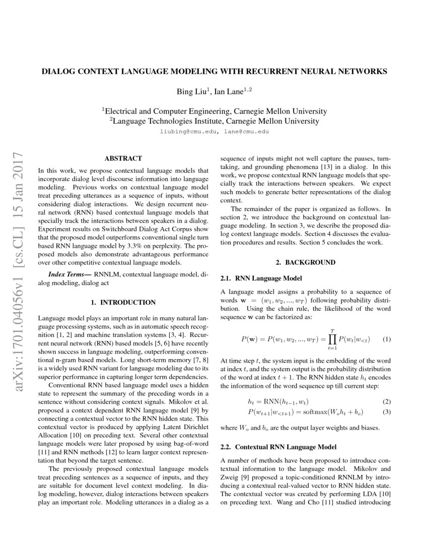 Dialog Context Language Modeling With Recurrent Neural Networks Deepai
