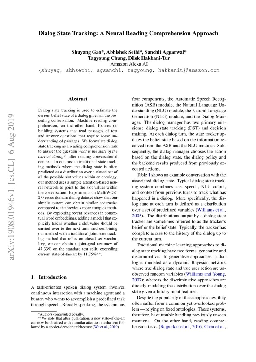 Dialog State Tracking A Neural Reading Comprehension Approach Deepai