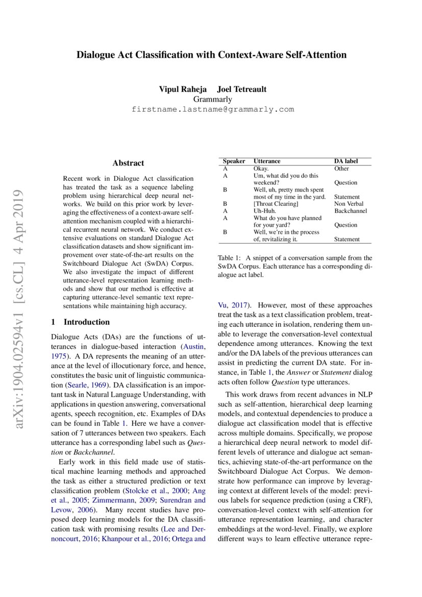 Dialogue Act Classification With Context Aware Self Attention Deepai