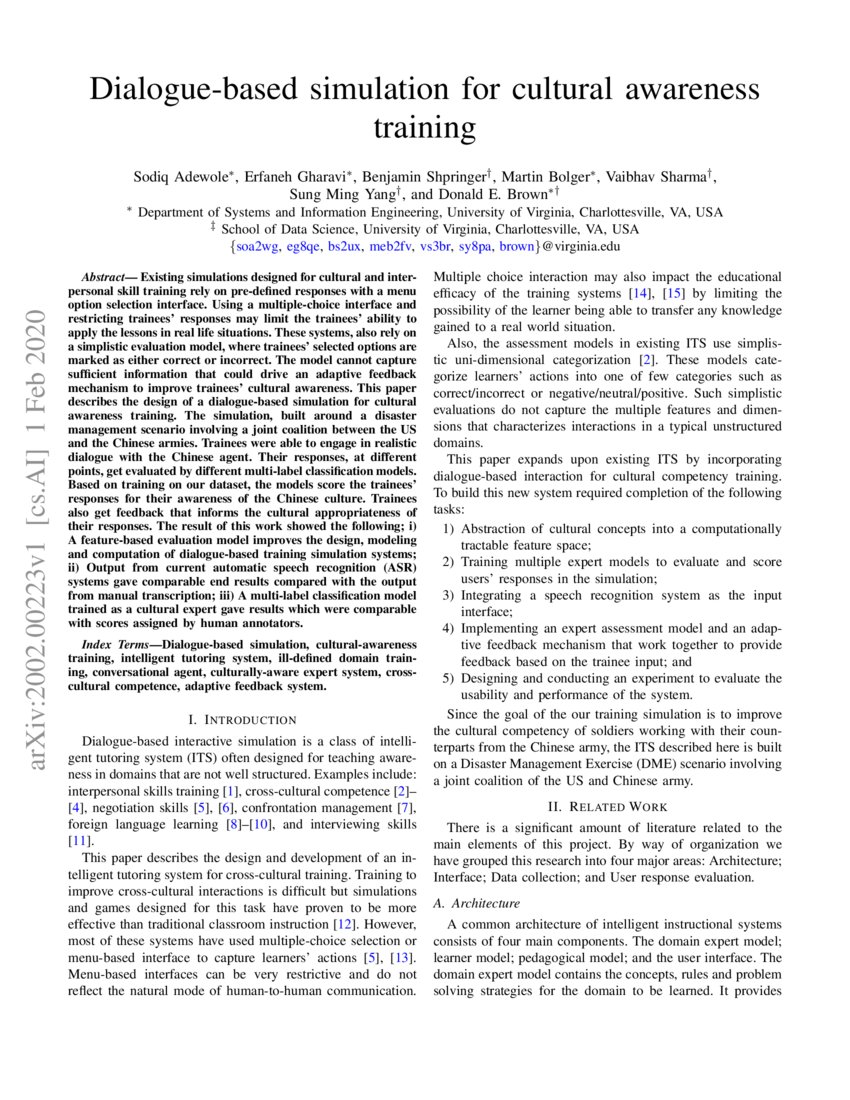 Dialogue-based simulation for cultural awareness training | DeepAI