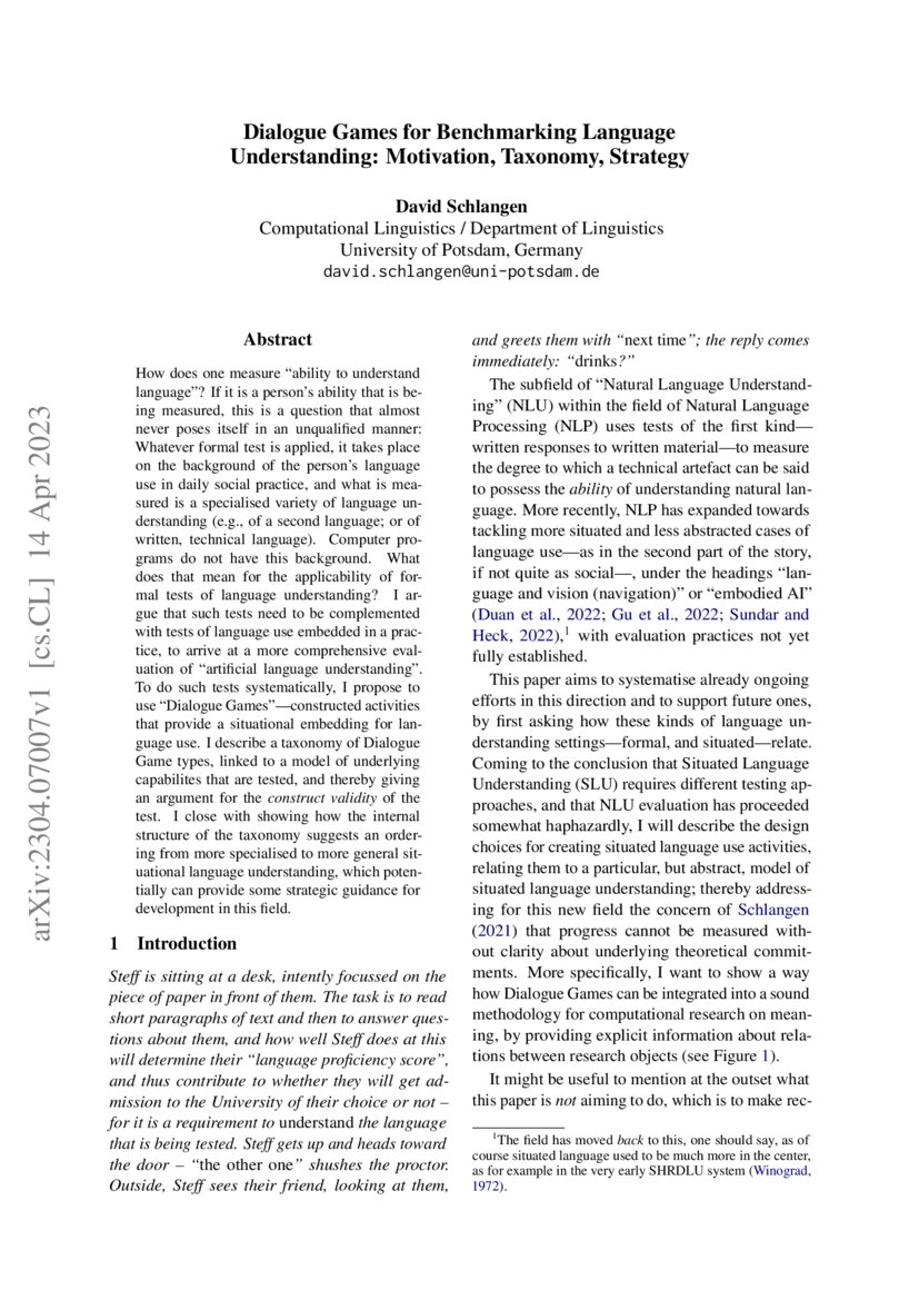 Dialogue Games for Benchmarking Language Understanding: Motivation, Taxonomy, Strategy | DeepAI