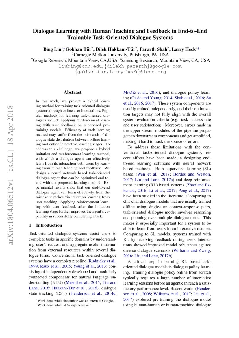 Dialogue Learning with Human Teaching and Feedback in End-to-End Trainable Task-Oriented ...