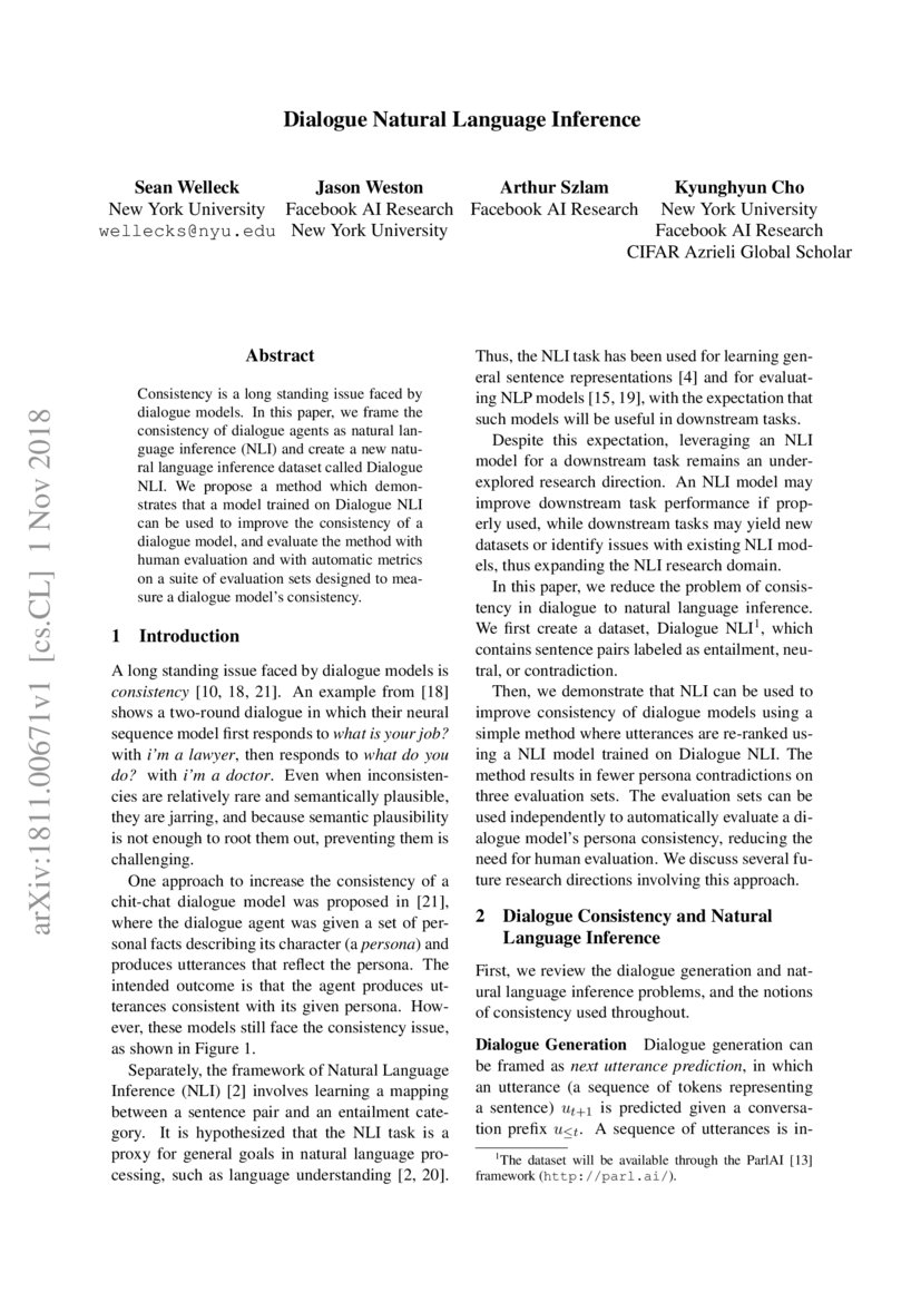 Dialogue Natural Language Inference | DeepAI