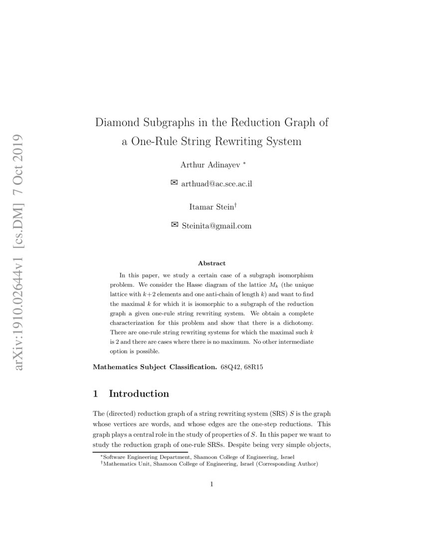 Diamond Subgraphs in the Reduction Graph of a One-Rule String Rewriting System | DeepAI