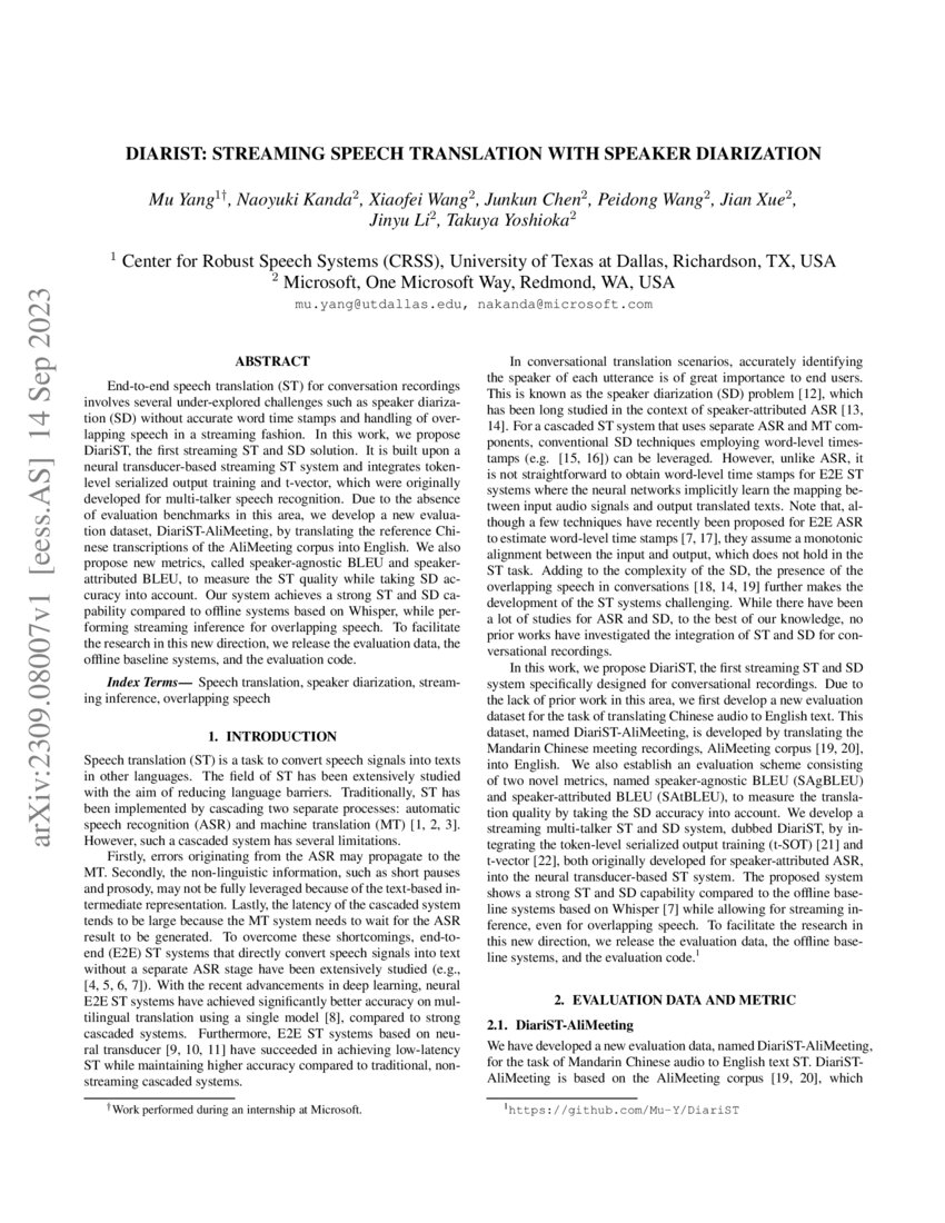 DiariST: Streaming Speech Translation with Speaker Diarization | DeepAI