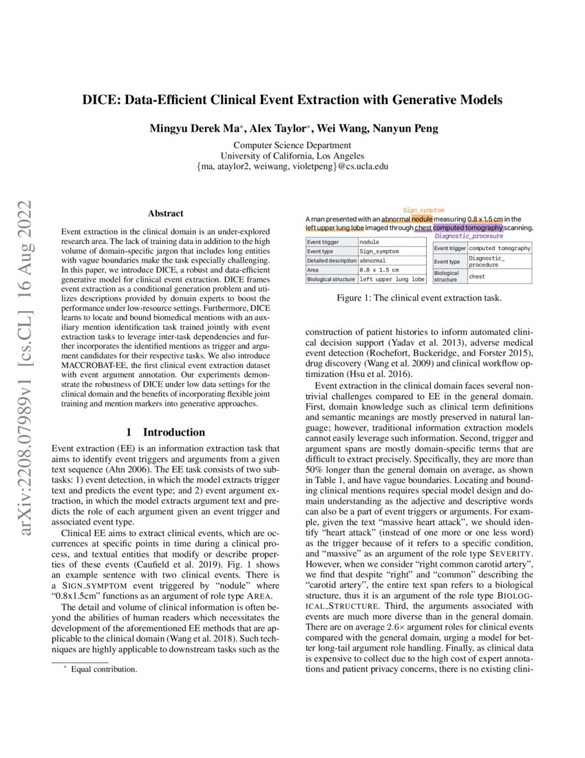 Dice Data Efficient Clinical Event Extraction With Generative Models