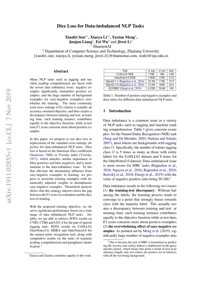 Dice Loss for Data-imbalanced NLP Tasks | DeepAI
