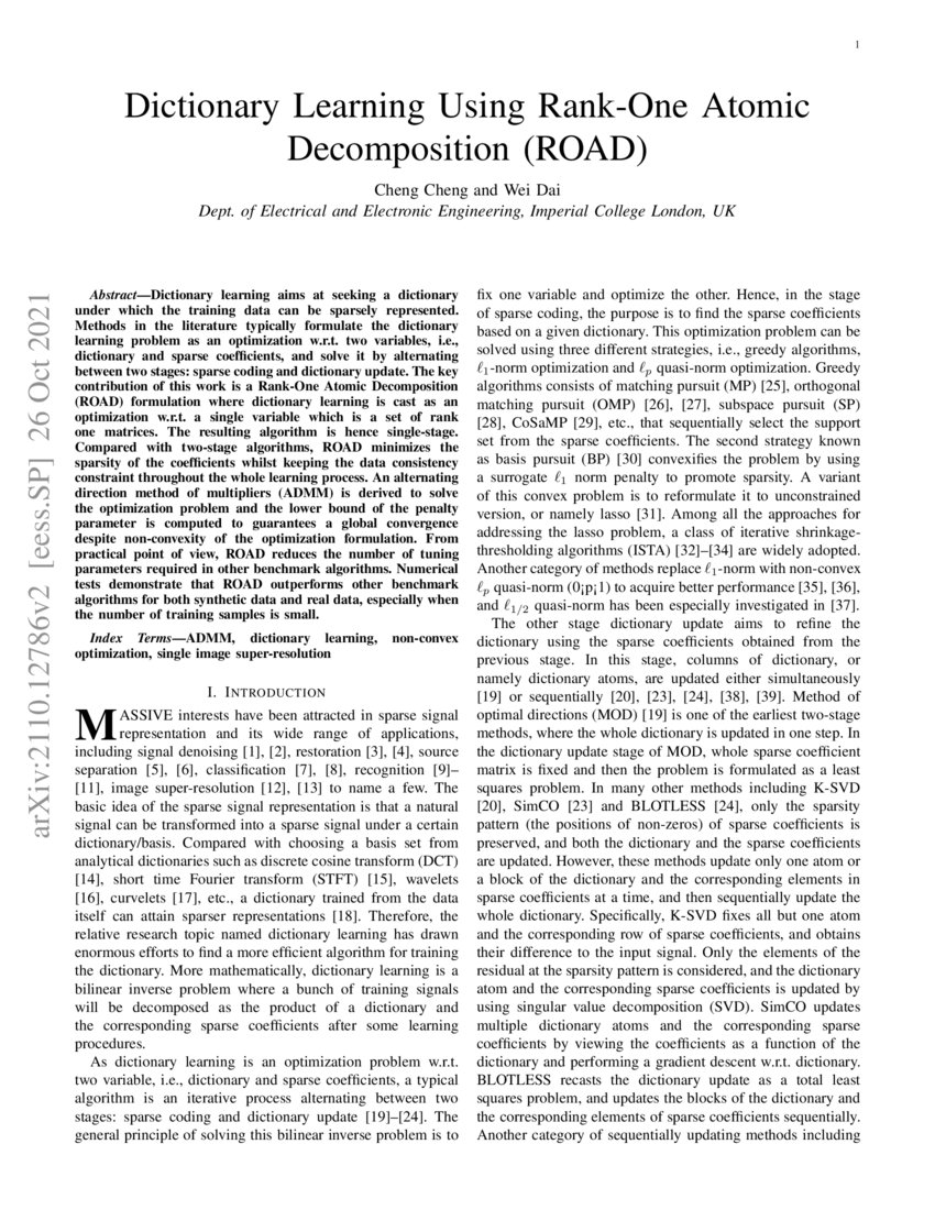 Dictionary Learning Using Rank-One Atomic Decomposition (ROAD) | DeepAI