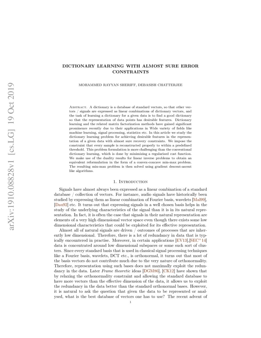 Dictionary Learning with Almost Sure Error Constraints | DeepAI