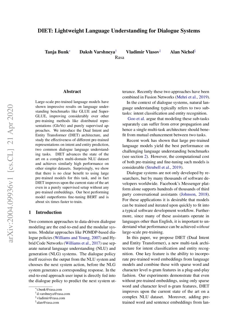 DIET: Lightweight Language Understanding for Dialogue Systems | DeepAI