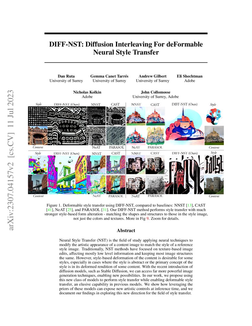 DIFF-NST: Diffusion Interleaving For deFormable Neural Style Transfer | DeepAI