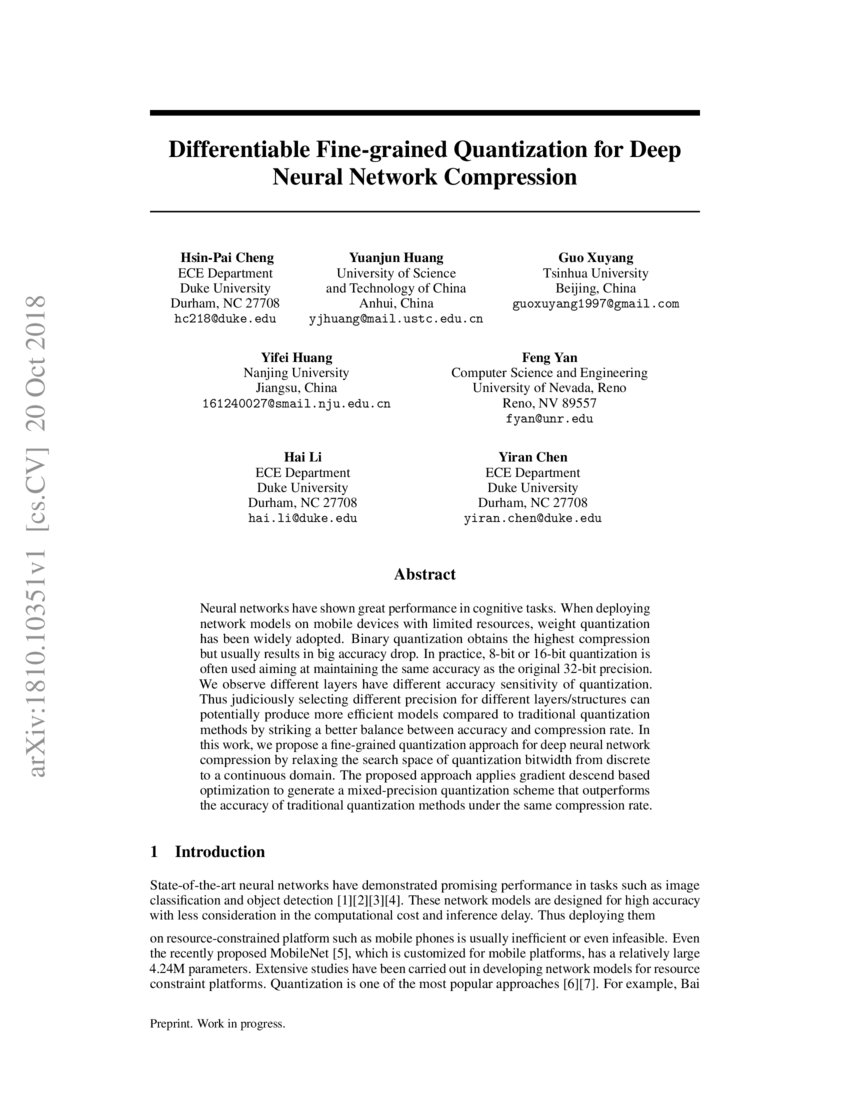 Differentiable Fine-grained Quantization for Deep Neural Network Compression | DeepAI