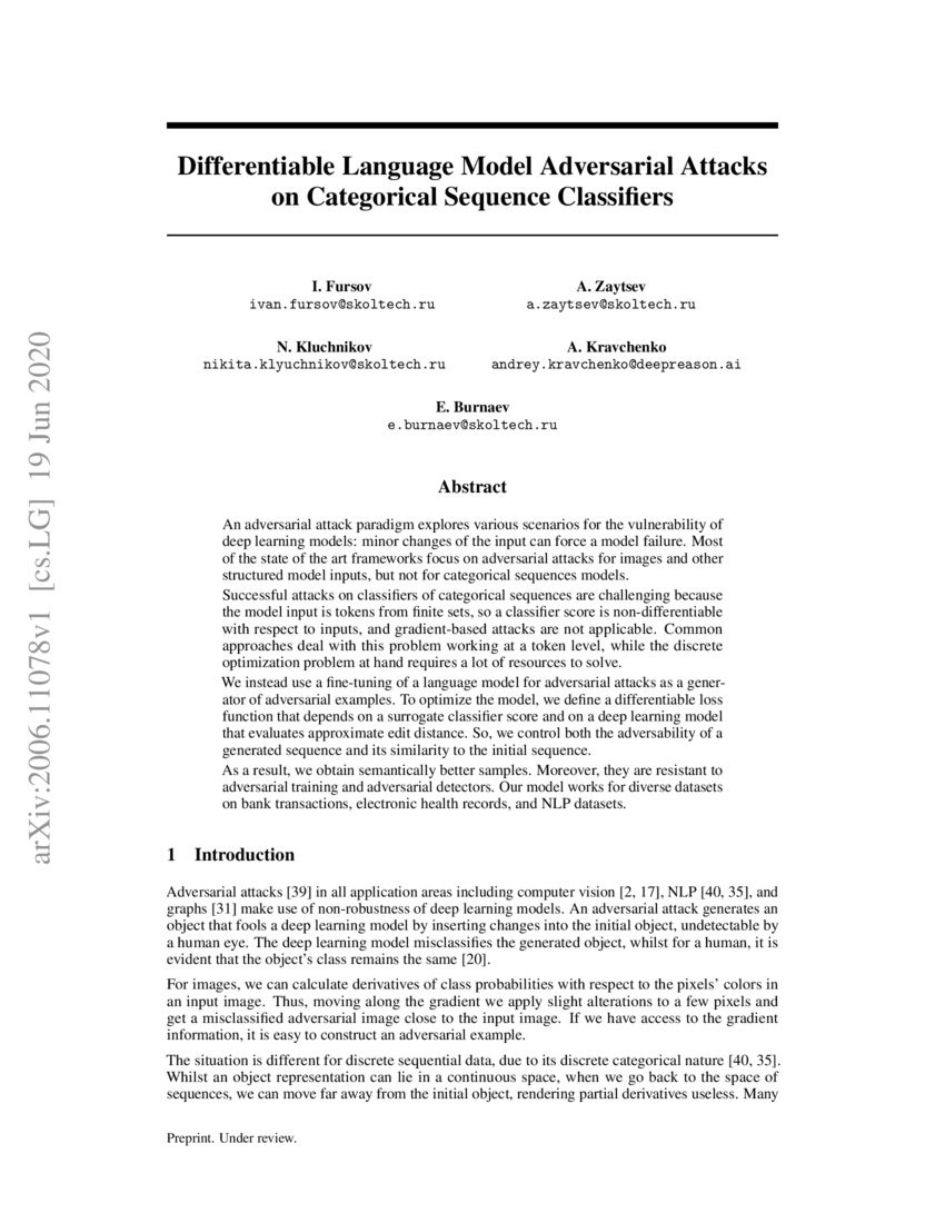 Differentiable Language Model Adversarial Attacks on Categorical Sequence Classifiers | DeepAI