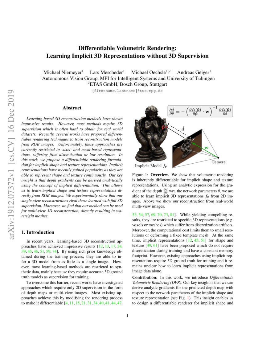 Differentiable Volumetric Rendering Learning Implicit 3d