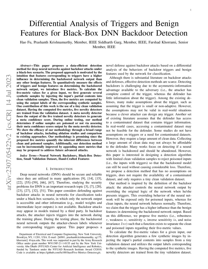Differential Analysis Of Triggers And Benign Features For Black Box Dnn