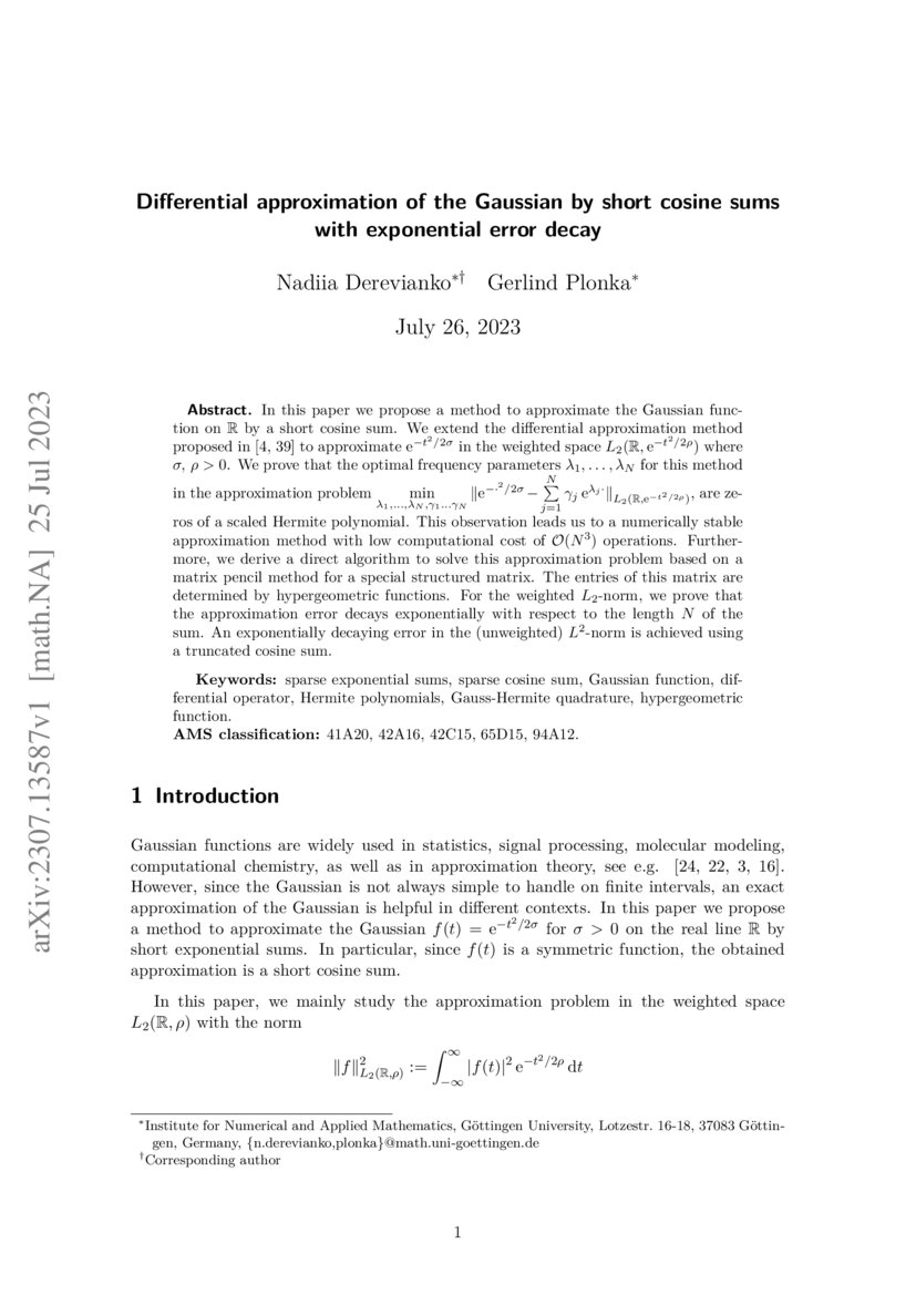 Differential Approximation Of The Gaussian By Short Cosine Sums With