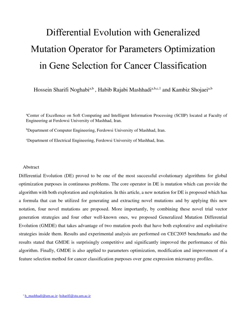 Differential Evolution With Generalized Mutation Operator For Parameters Optimization In Gene