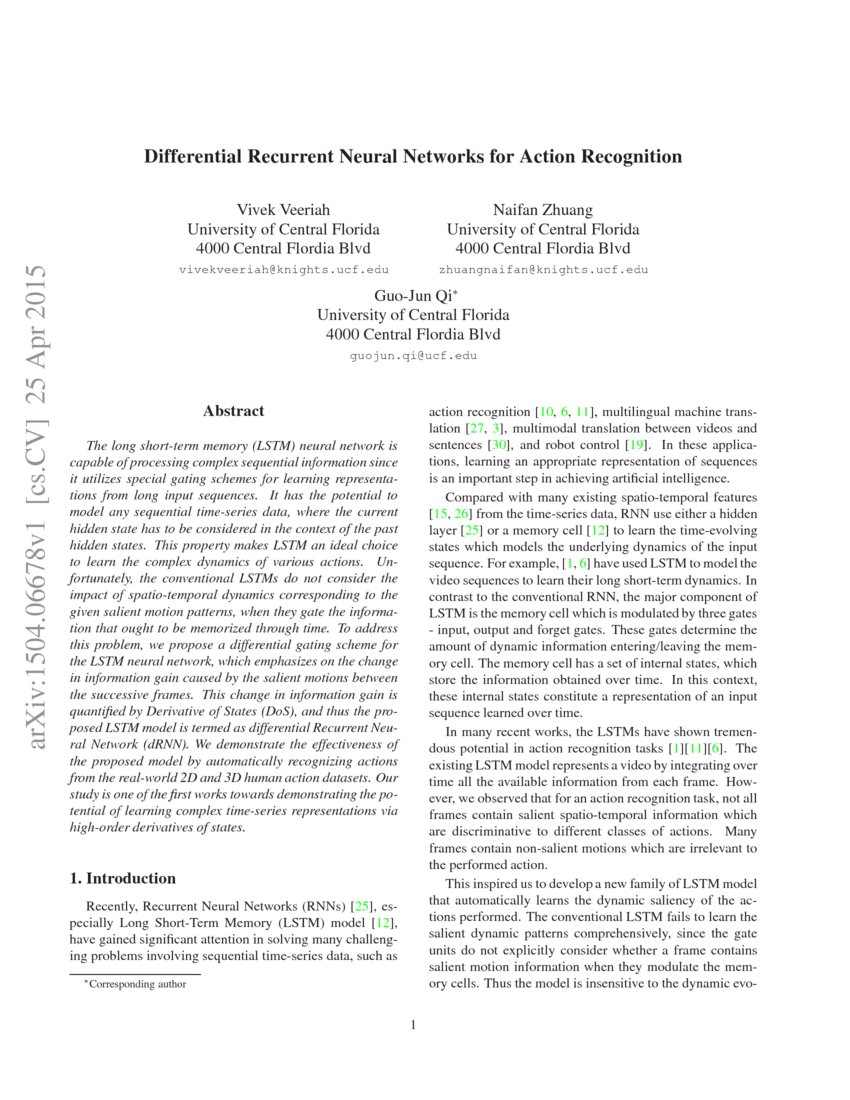 Differential Recurrent Neural Networks for Action Recognition | DeepAI