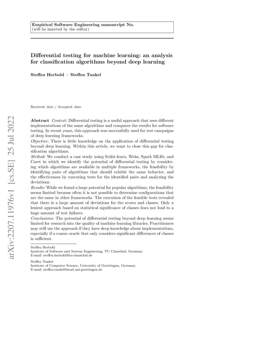 Differential Testing For Machine Learning An Analysis For Classification Algorithms Beyond Deep