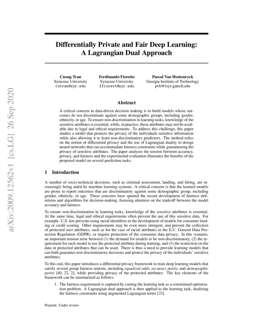 Differentially Private and Fair Deep Learning: A Lagrangian Dual Approach | DeepAI