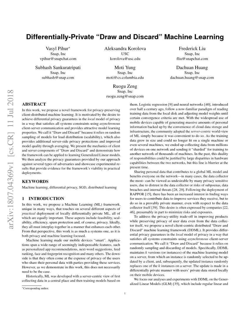 Differentially-Private "Draw and Discard" Machine Learning | DeepAI