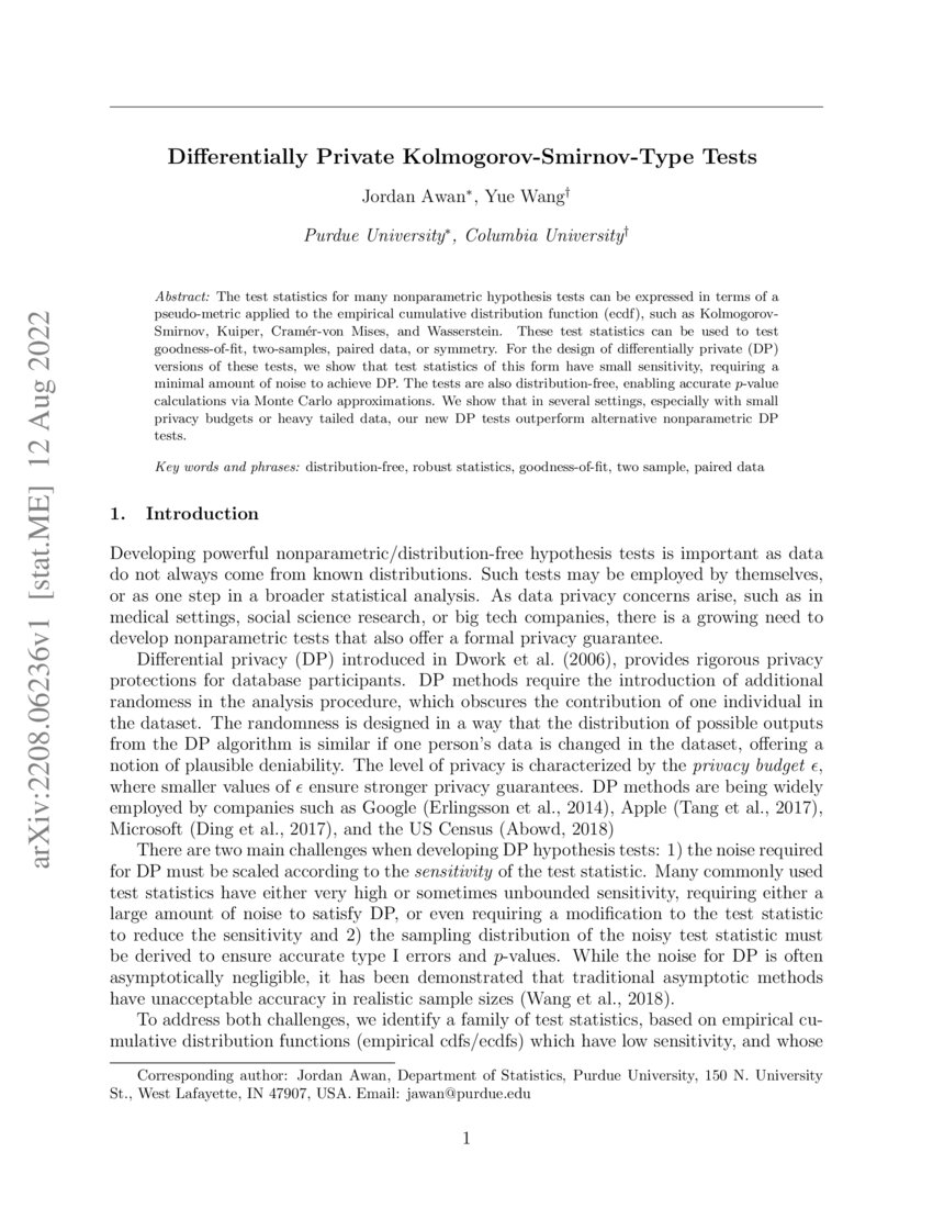 Differentially Private Kolmogorov-Smirnov-Type Tests | DeepAI Differentially Private Kolmogorov-Smirnov-Type Tests | DeepAI