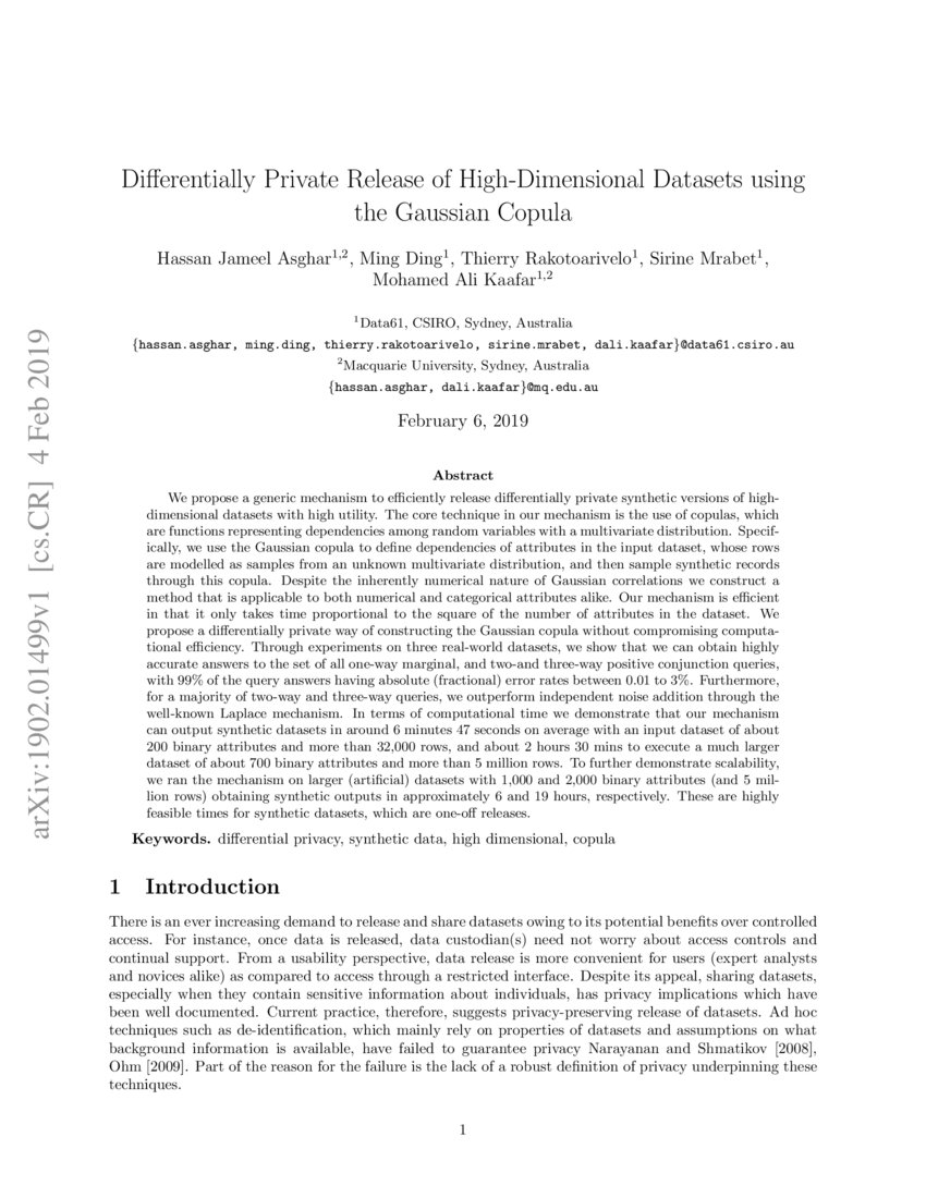 Differentially Private Release of High-Dimensional Datasets using the Gaussian Copula | DeepAI
