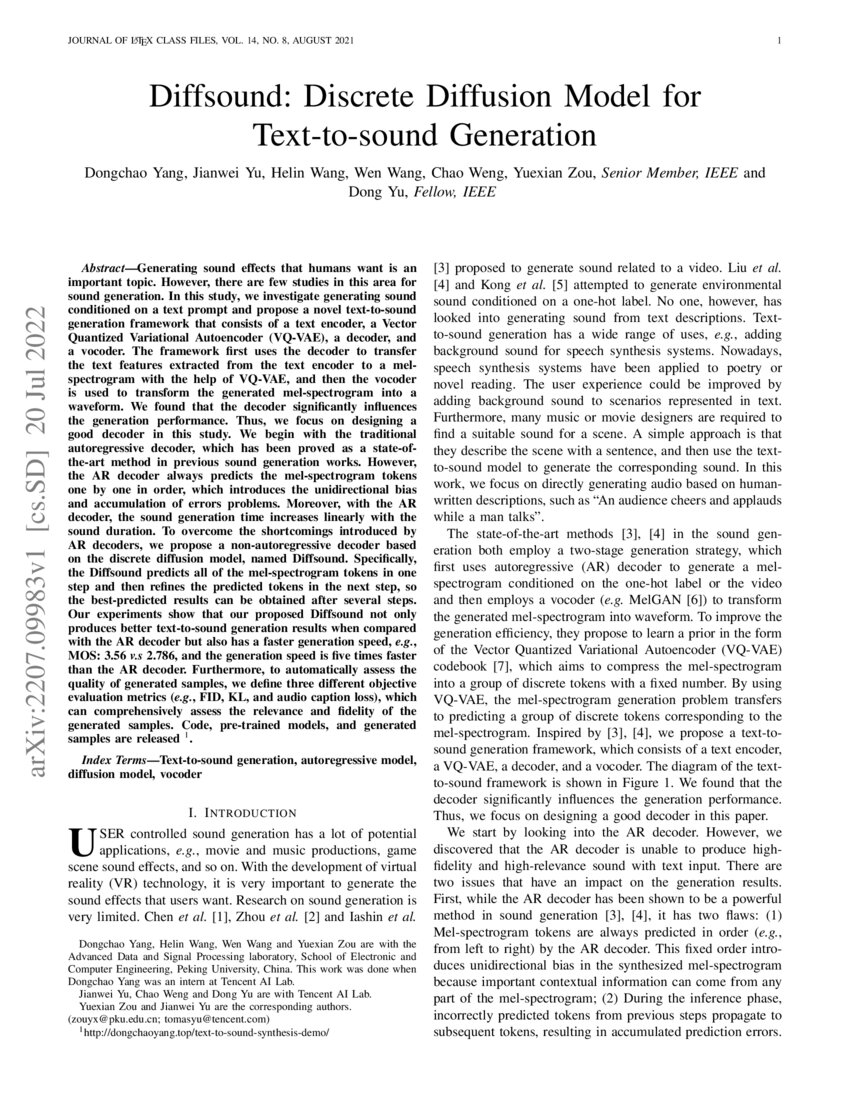 Diffsound: Discrete Diffusion Model for Text-to-sound Generation | DeepAI