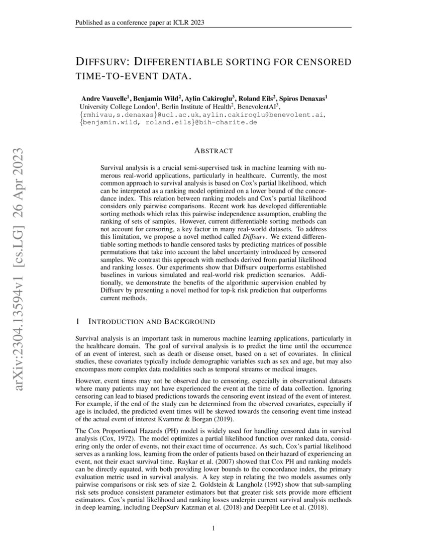 Diffsurv Differentiable Sorting For Censored Time to event Data DeepAI