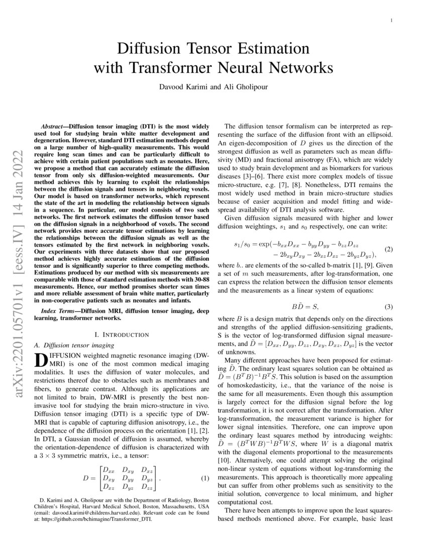 Diffusion Tensor Estimation With Transformer Neural Networks Deepai
