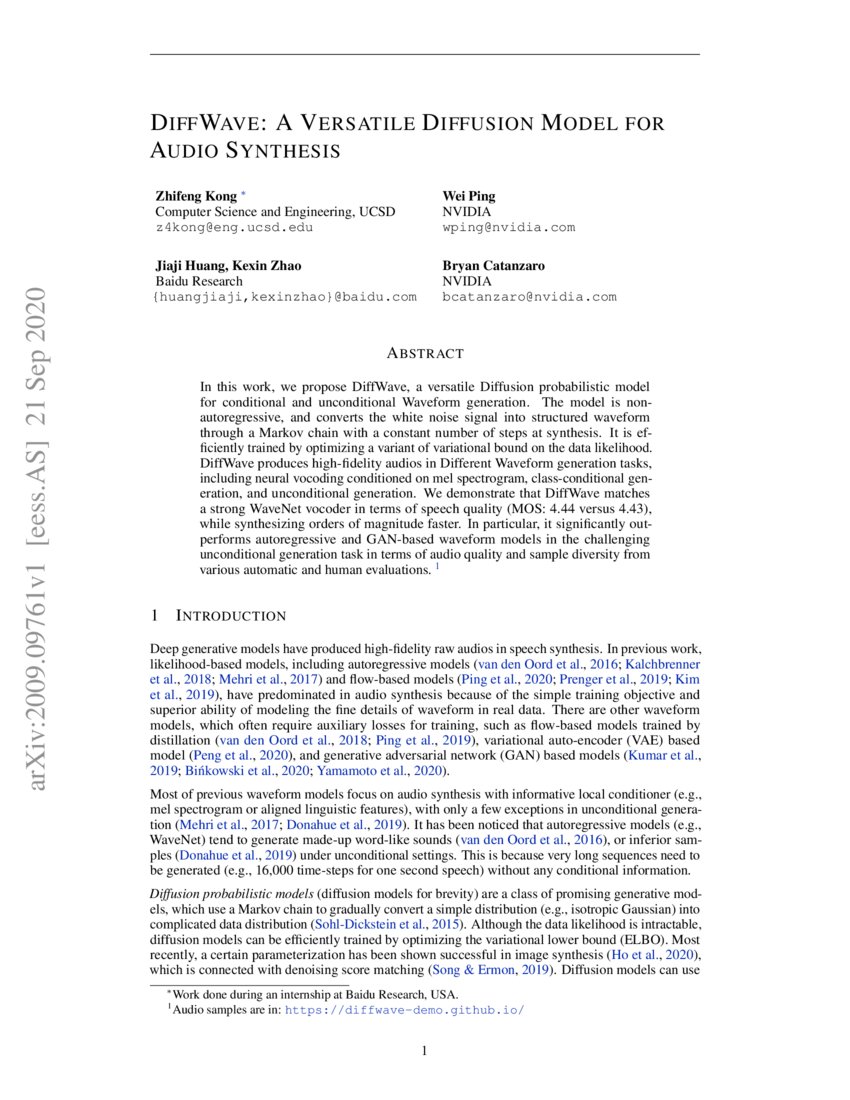 DiffWave: A Versatile Diffusion Model for Audio Synthesis | DeepAI
