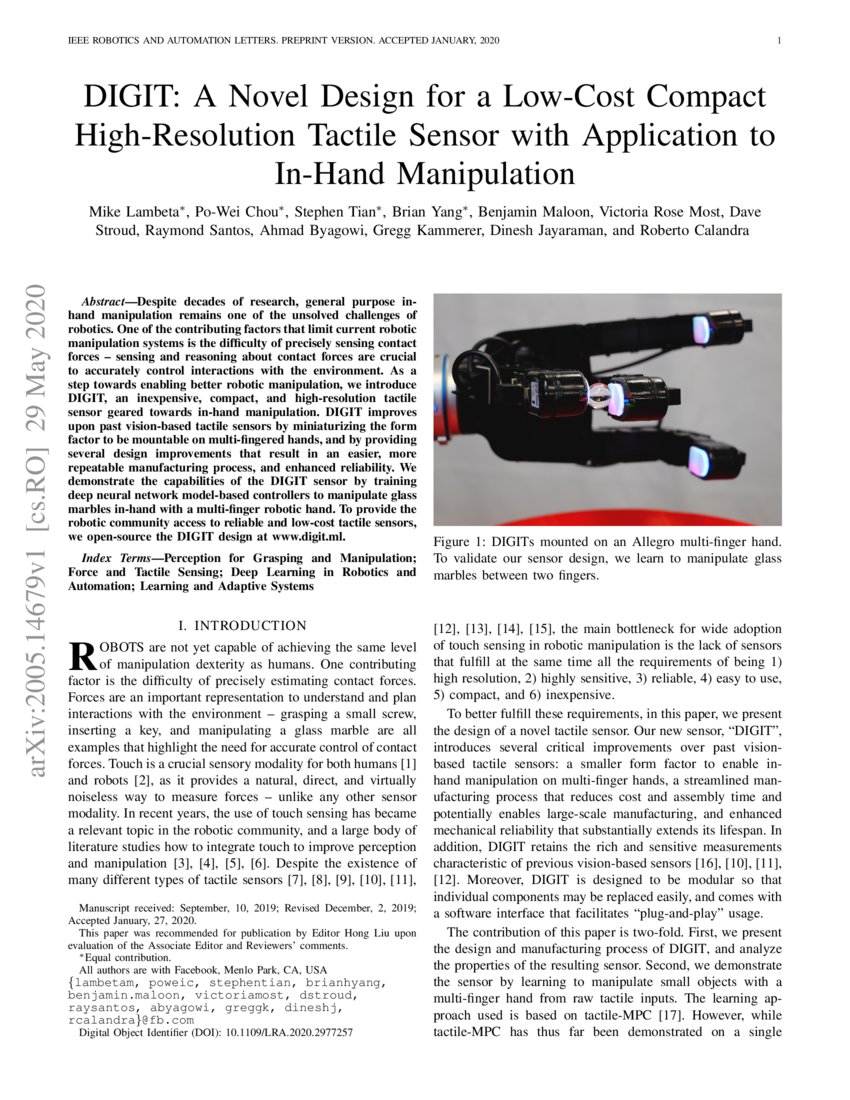 DIGIT: A Novel Design for a Low-Cost Compact High-Resolution Tactile ...