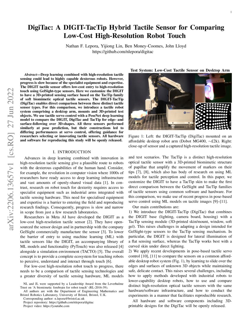 DigiTac: A DIGIT-TacTip Hybrid Tactile Sensor for Comparing Low-Cost ...