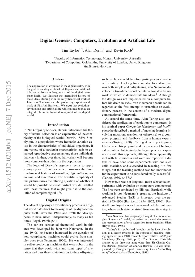 Digital Genesis: Computers, Evolution and Artificial Life | DeepAI